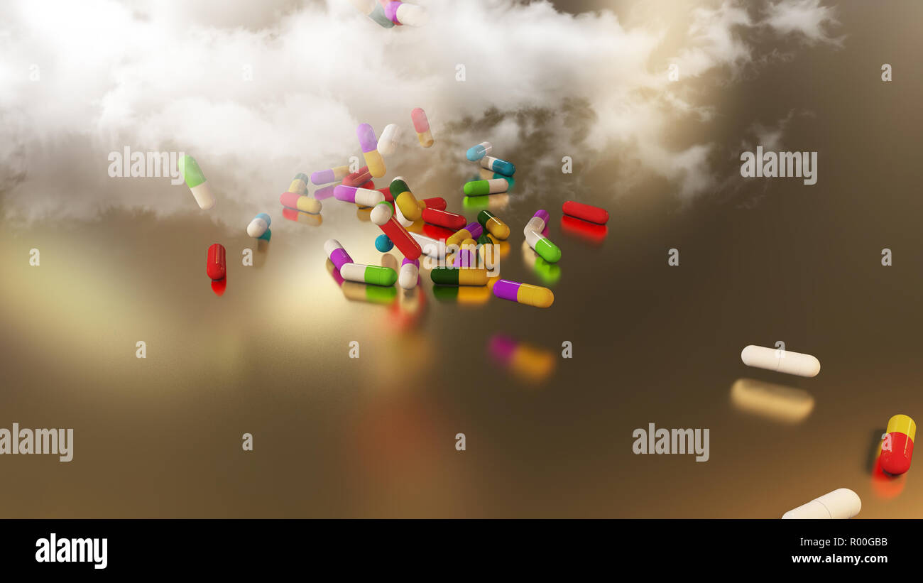 3D rendering multicolored medical pills falling from a thundercloud ...
