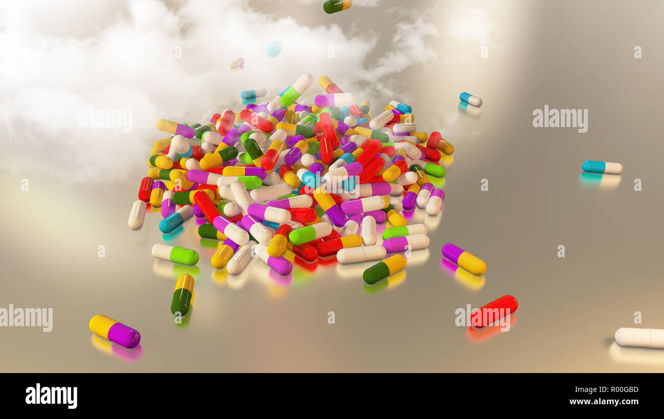 3D rendering multicolored medical pills falling from a thundercloud ...