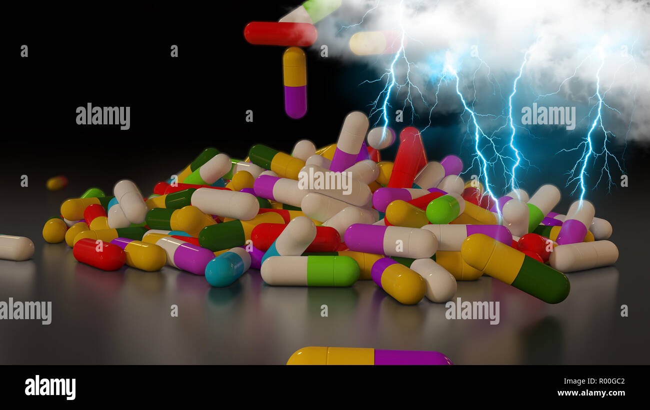 3D rendering multicolored medical pills falling from a thundercloud ...