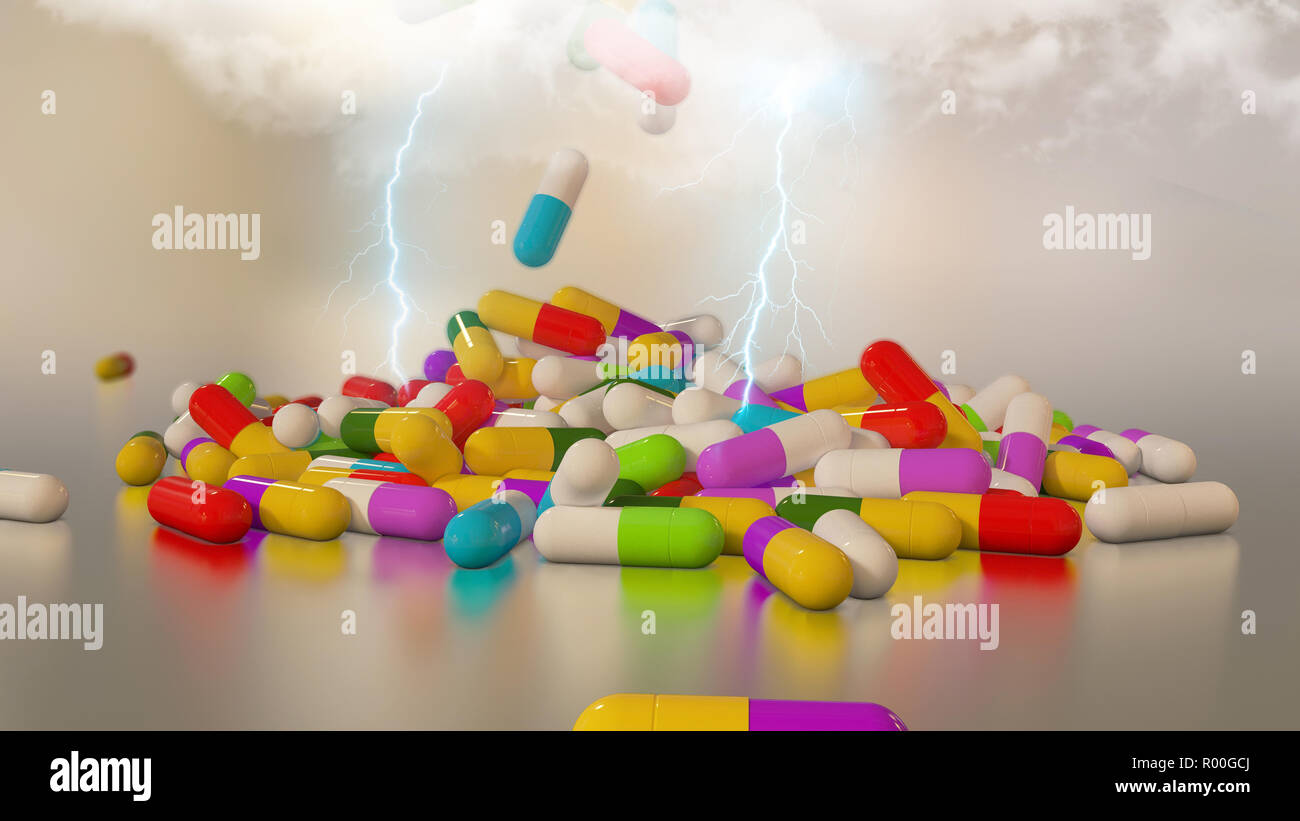3D rendering multicolored medical pills falling from a thundercloud ...