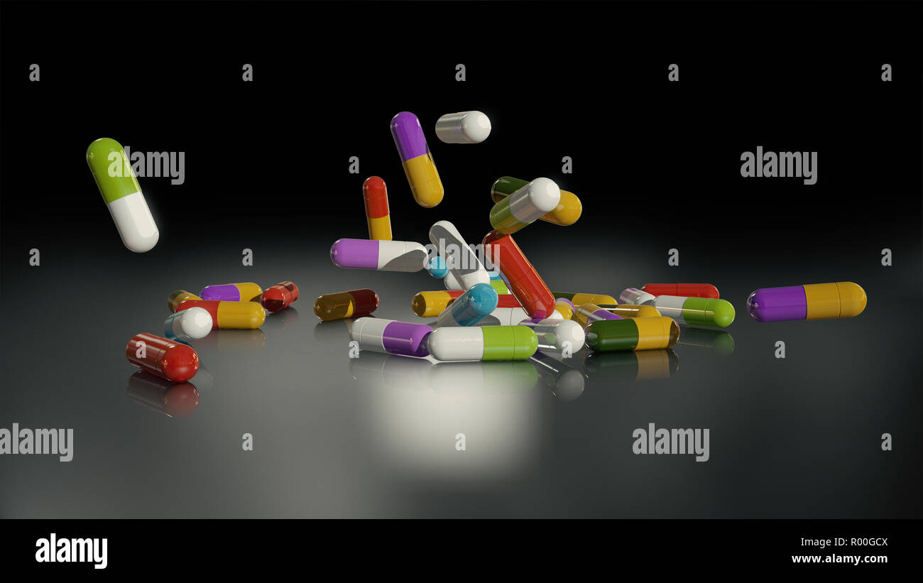 3D rendering multicolored medical pills falling from top to bottom ...