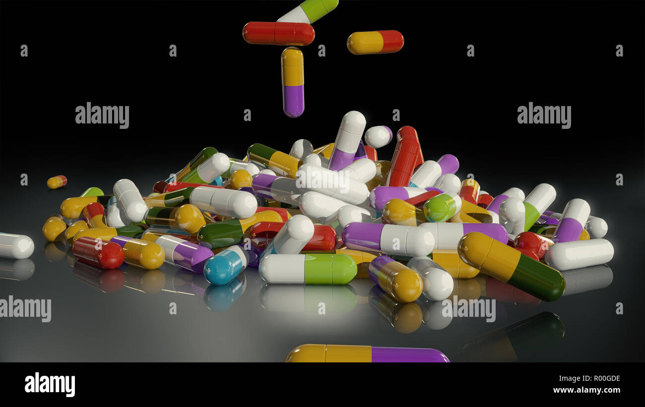 3D rendering multicolored medical pills falling from top to bottom ...
