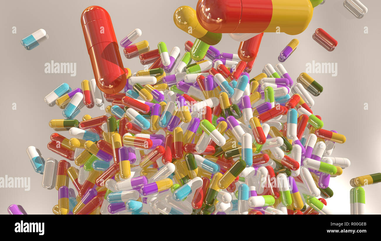 3D rendering multicolored medical pills falling from top to bottom ...