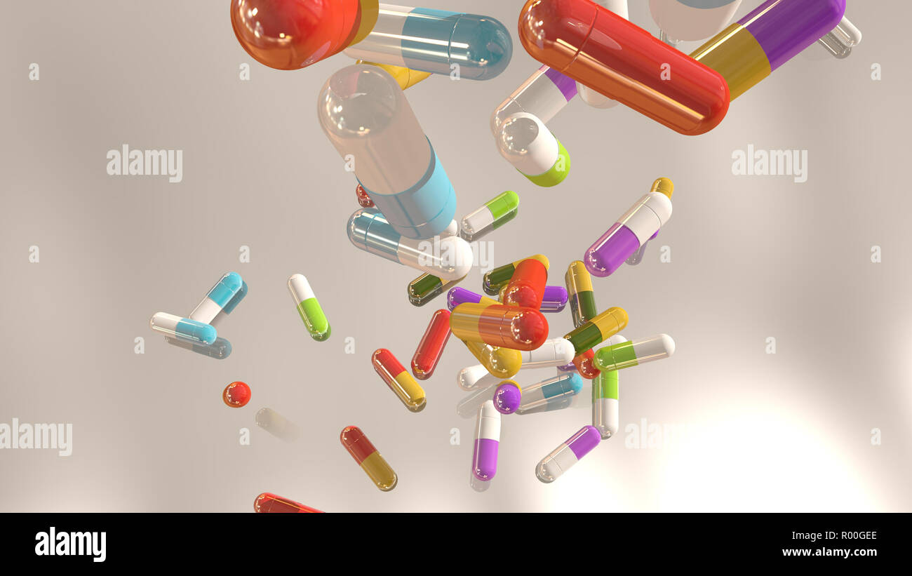 3D rendering multicolored medical pills falling from top to bottom ...