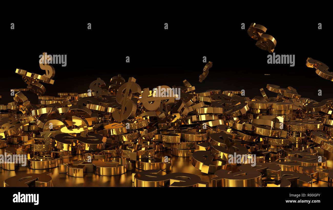 Signs of dollars falling on a pile. Volumetric models Stock Photo - Alamy