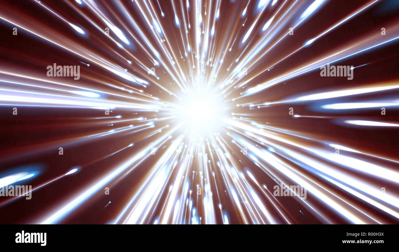 3D rendering of bright lines moving away from us. Lines of light form a ...