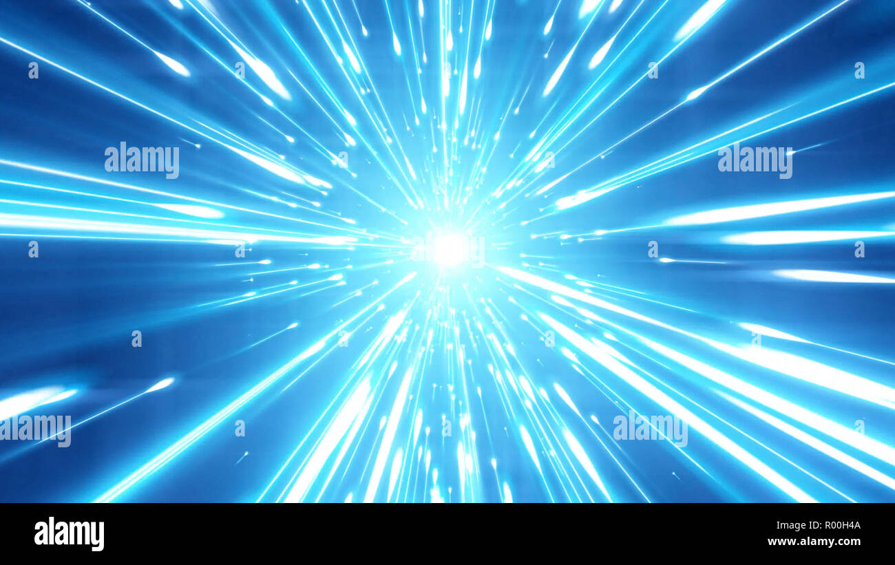 3D rendering of bright lines moving away from us. Lines of light form a ...