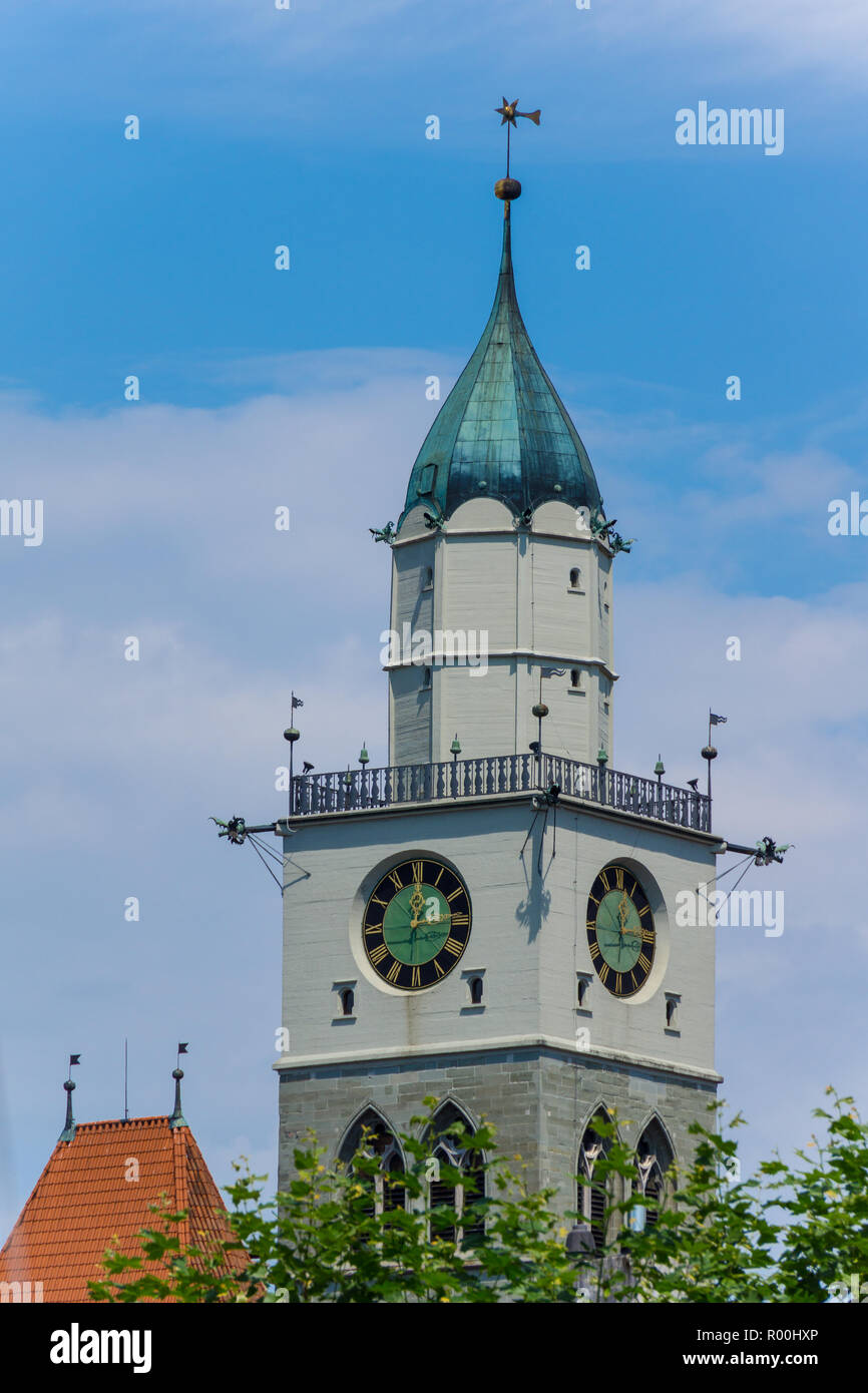 Germany, Ancient church spire of town Ueberlingen at lake constance ...