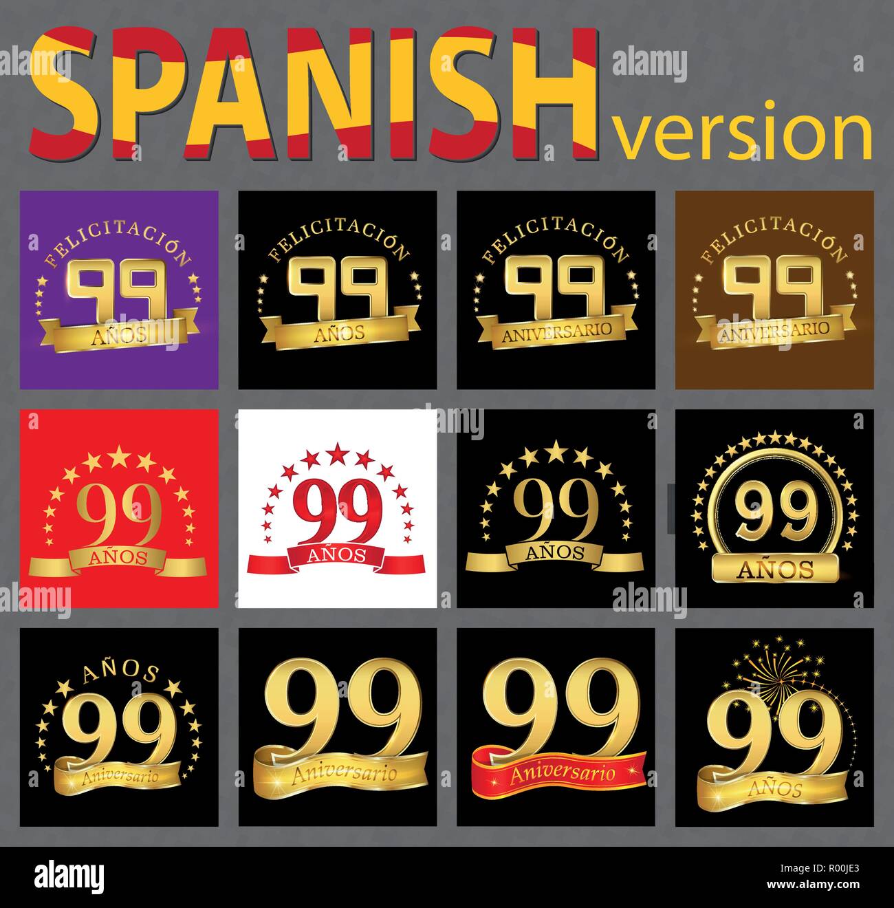 Set of number ninety-nine (99 years) celebration design. Anniversary golden number template ...