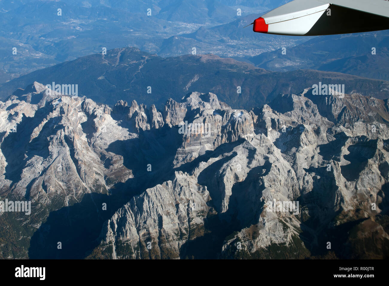 Italian Alps from above taken from an airplane window. Italy 2018 2010s ...