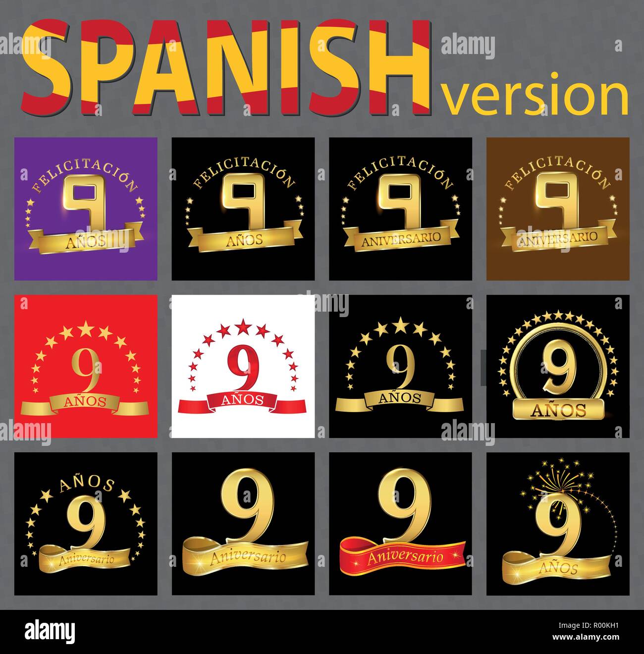 Set of number nine (9 years) celebration design. Anniversary golden ...