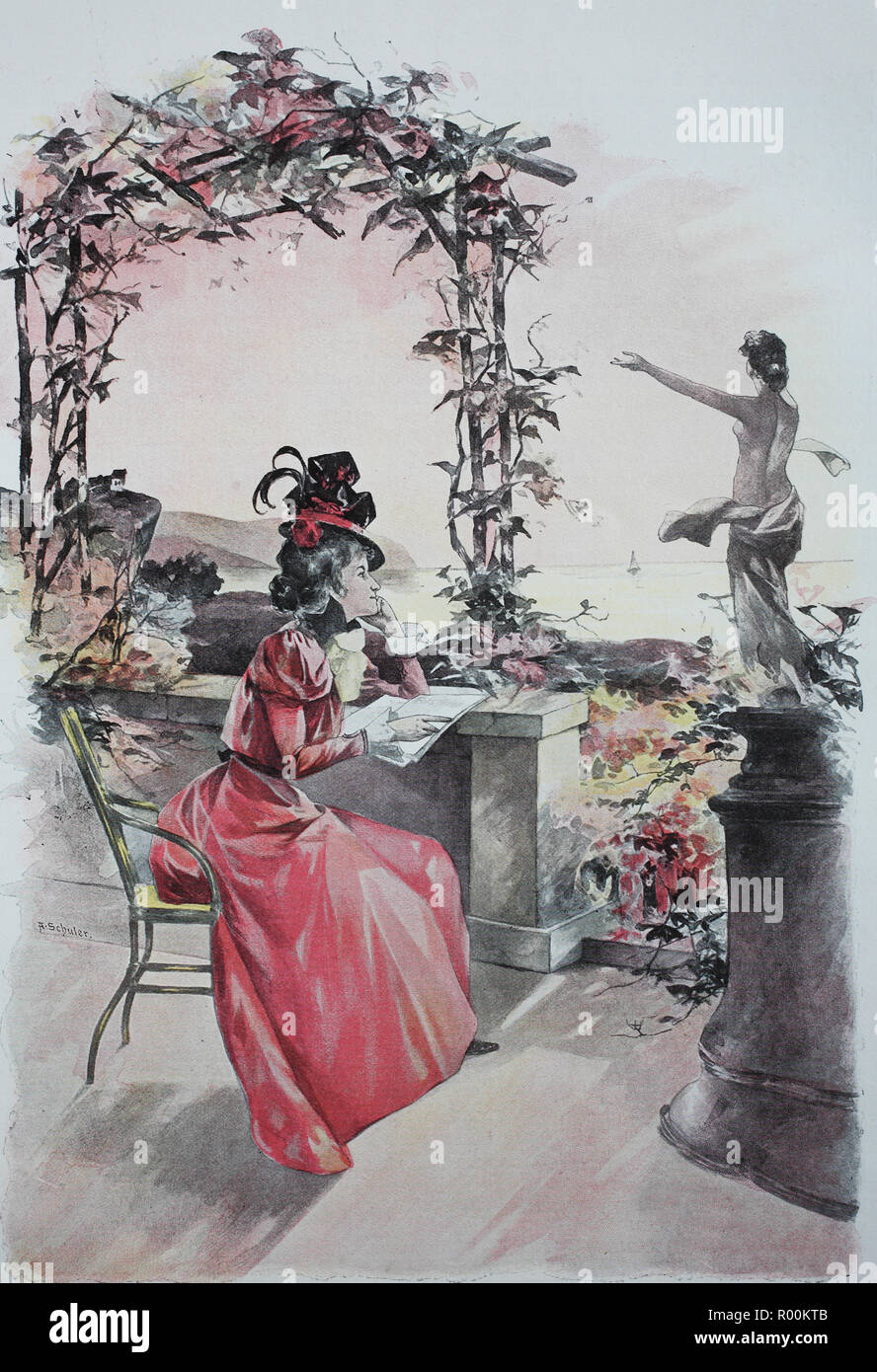 Digital improved reproduction, Woman on summer vacation, on a terrace ...