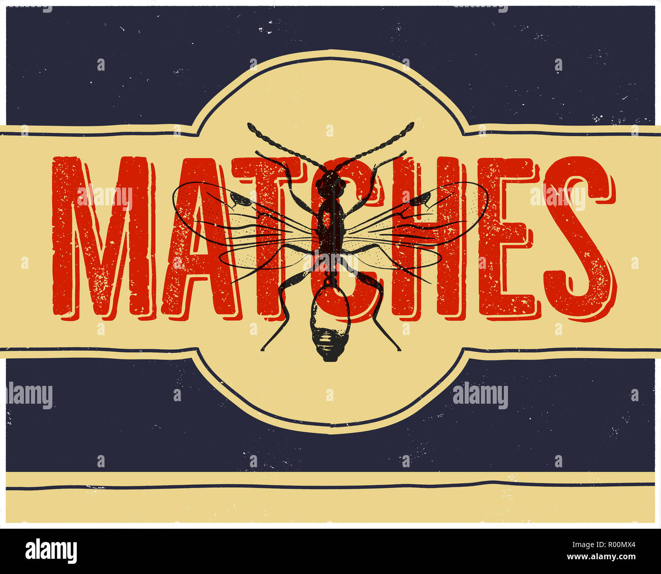 Matchbox design and matches with insect in retro style. Top view ...