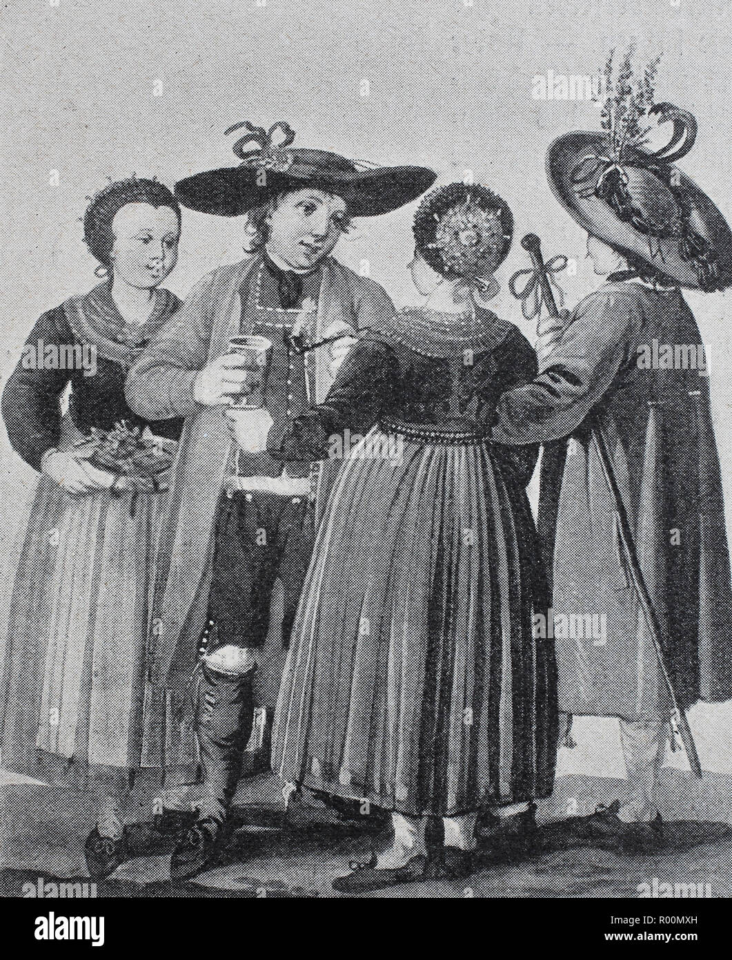 Digital improved reproduction, group of wedding people in traditional ...