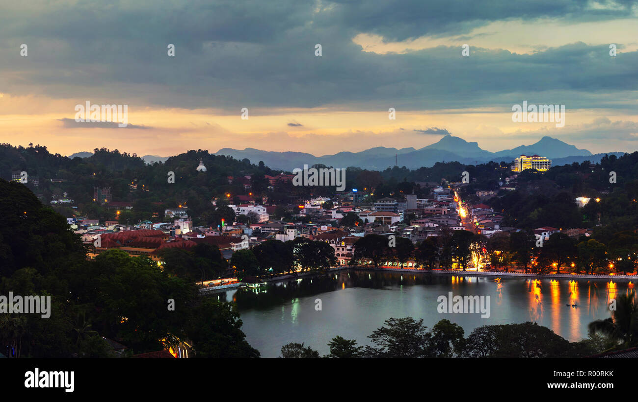 Lake in Kandy. Sunset over the former capital of Sri Lanka. Panoramic ...