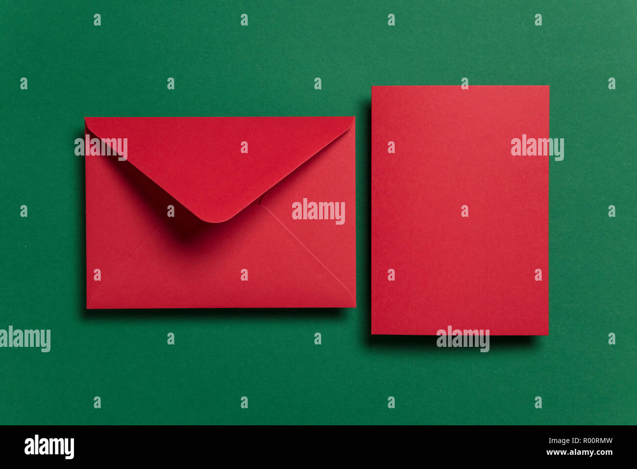 Blank red card with red paper envelope Christmas card template mock up ...