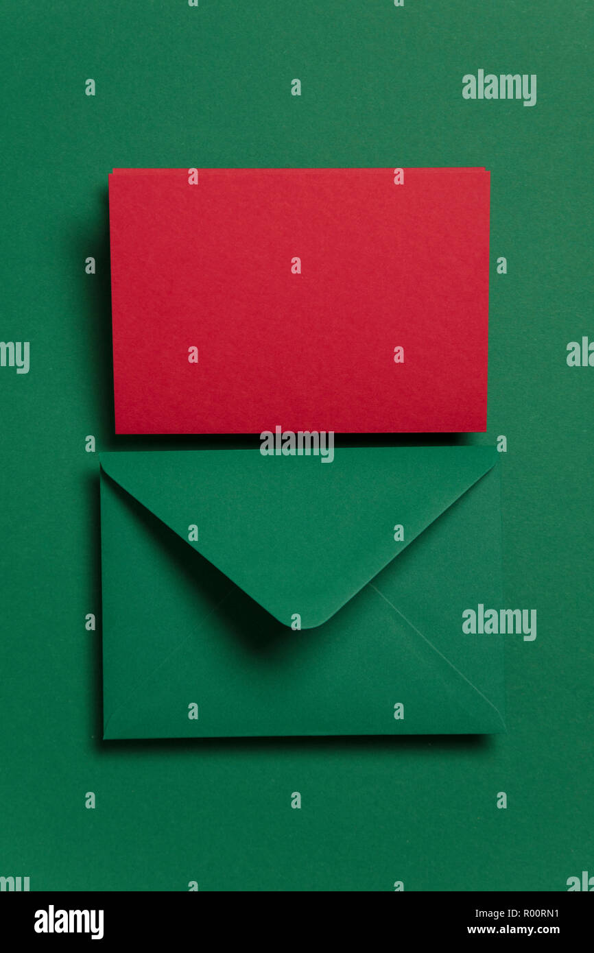 Blank red card with green paper envelope Christmas card template mock ...