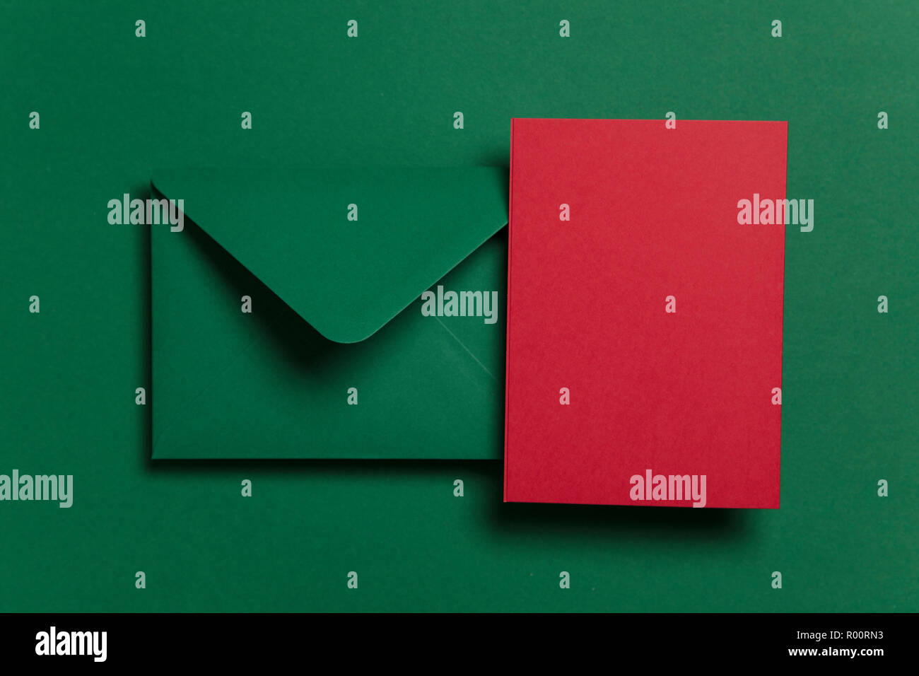 Blank red card with green paper envelope Christmas card template mock ...