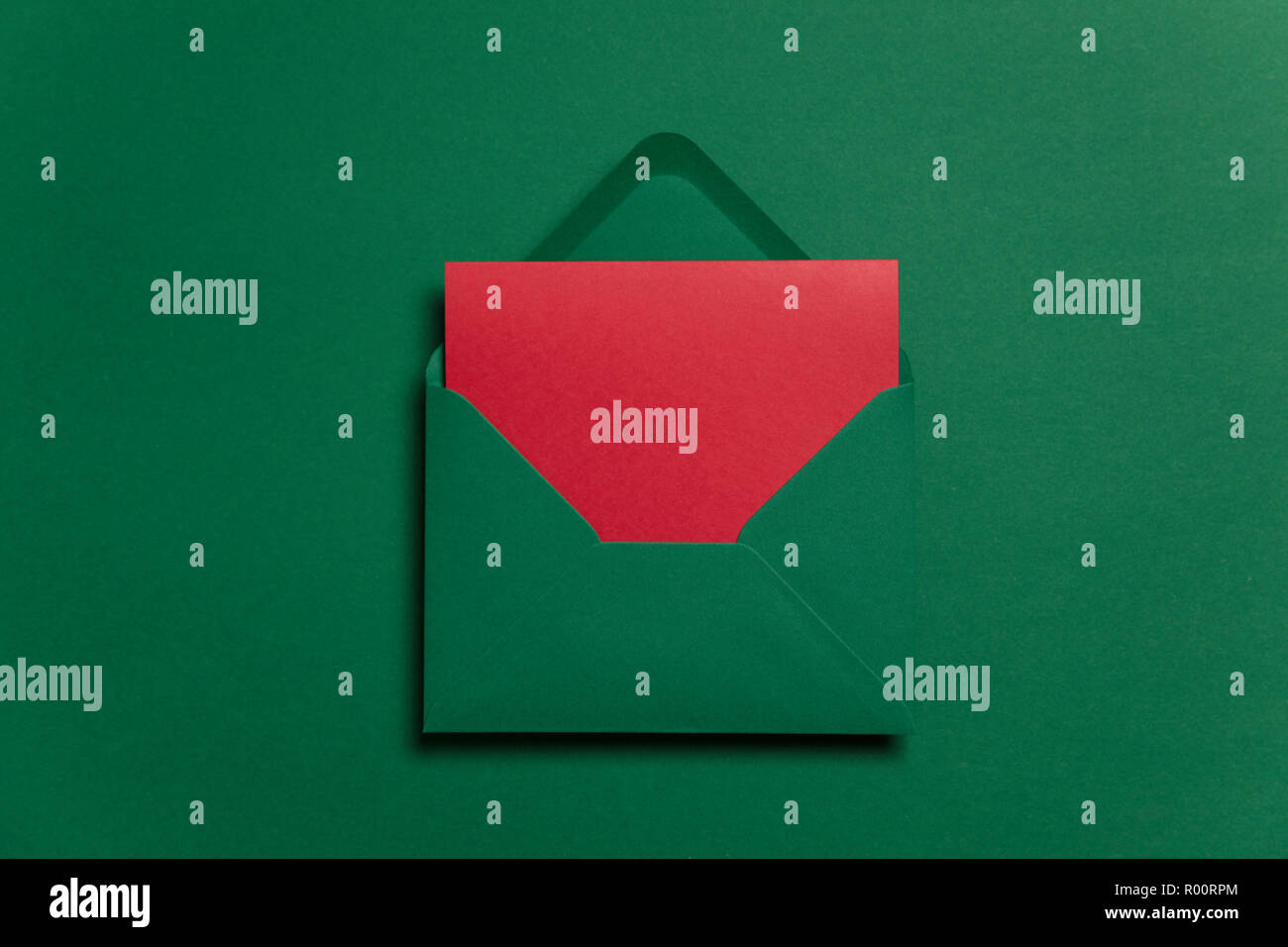 Blank red card with green paper envelope Christmas card template mock ...