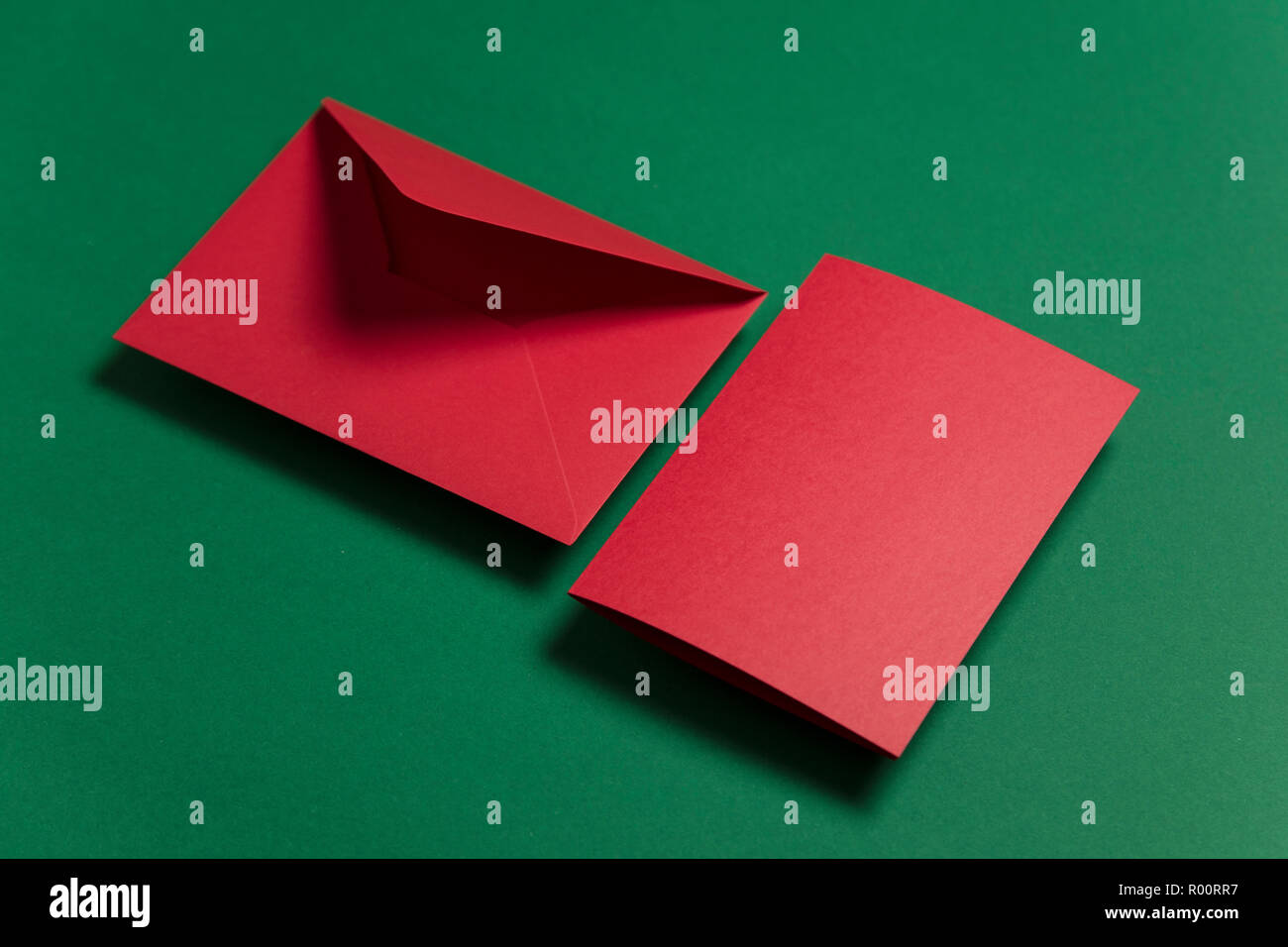 Blank red card with red paper envelope Christmas card template mock up ...