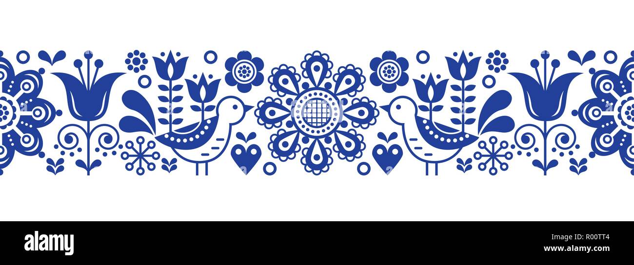 Scandinavian seamless vector pattern with flowers and birds, Nordic ...