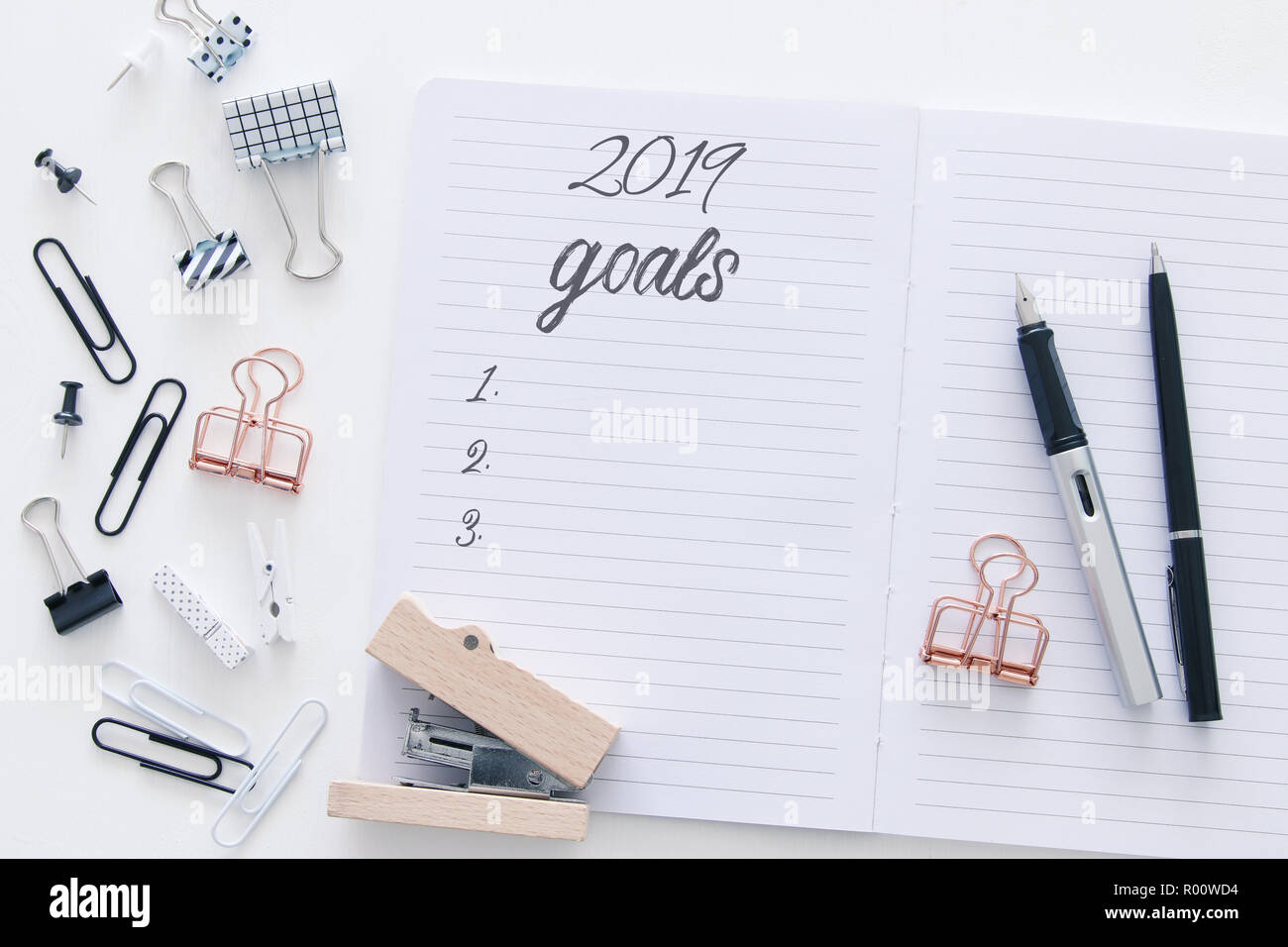 Top view 2019 goals list with notebook over wooden white desk Stock ...