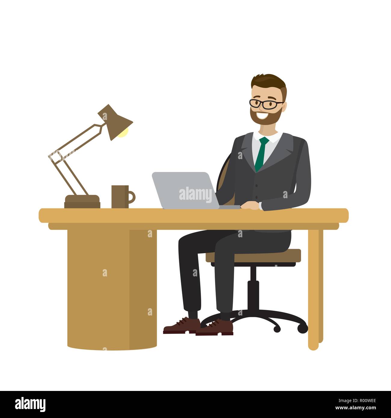 Workplace. Businessman Working at the computer.Isolated on white ...