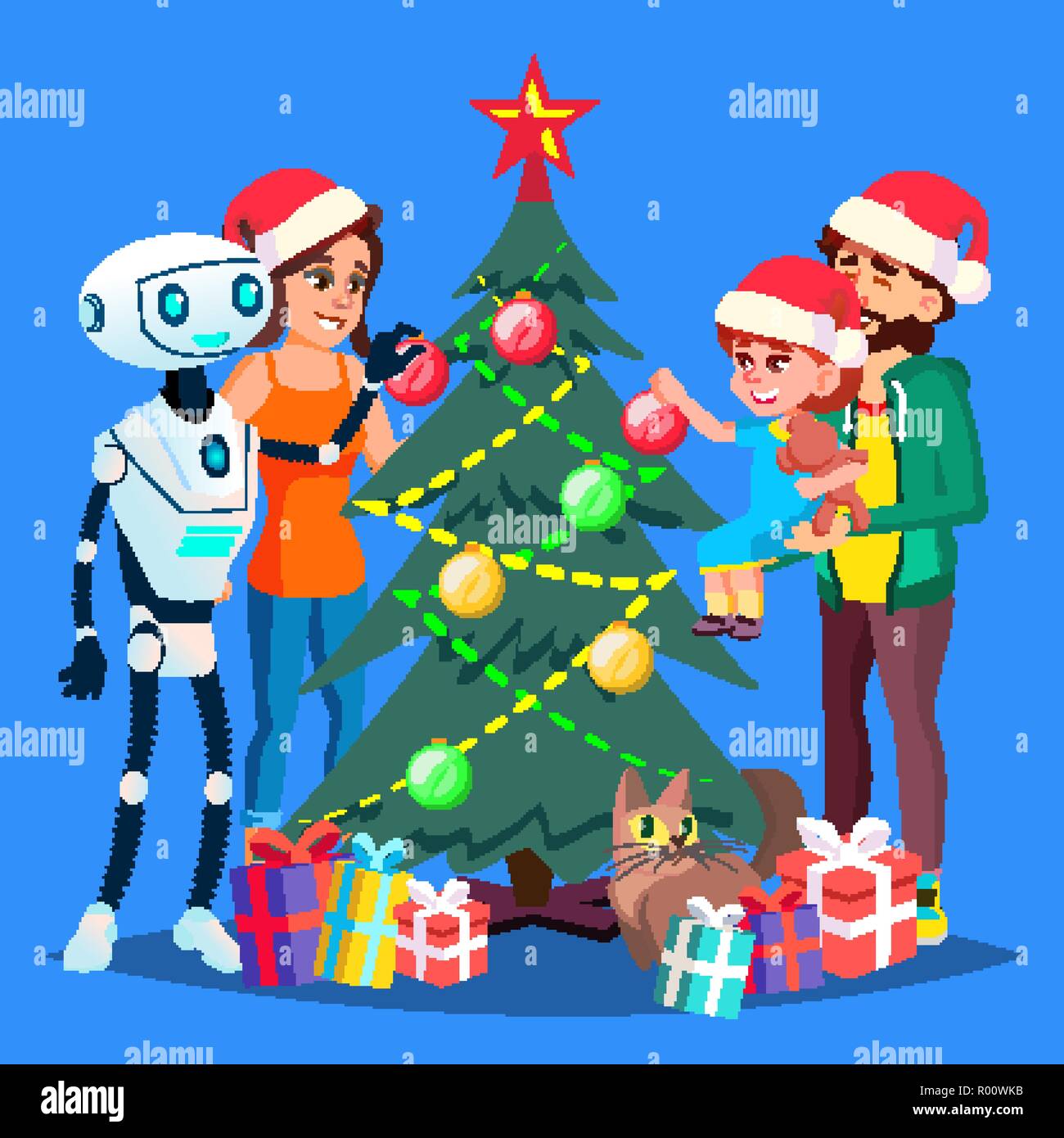Robot Helps To Decorate Christmas Tree For Happy Family Vector ...