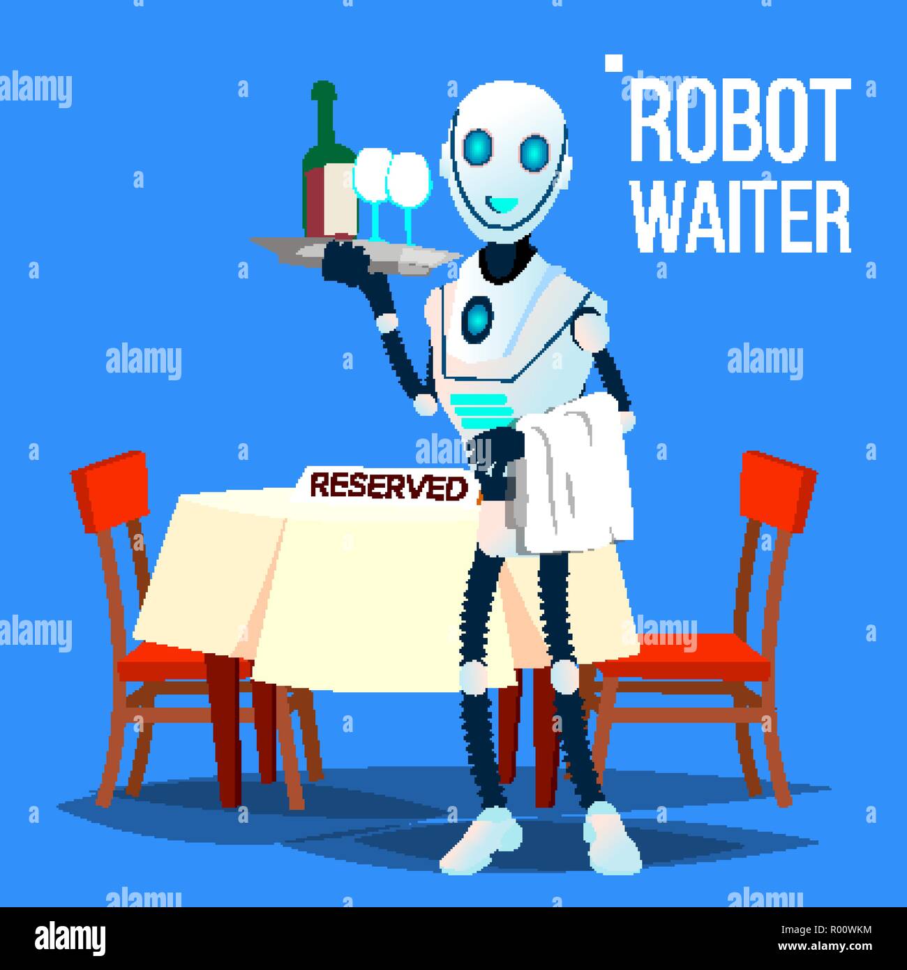 Robot Waiter Holding Tray With Drinks Vector. Isolated Illustration ...