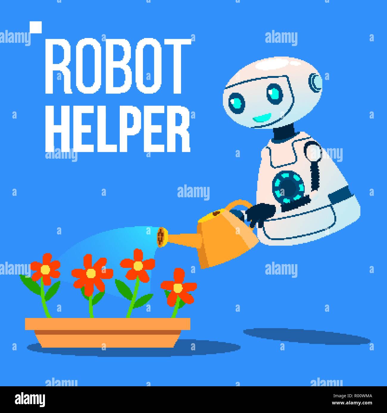 Robot Helper Watering Flowers In The Garden Vector. Isolated ...