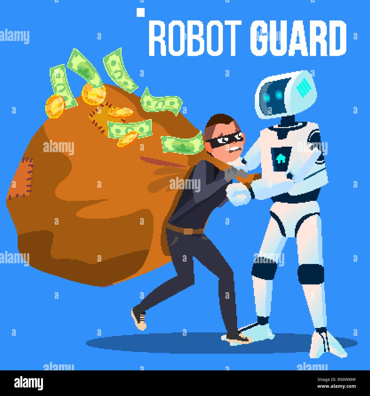 Robot Guard Caught The Thief In Mask With His Hand Vector. Isolated ...