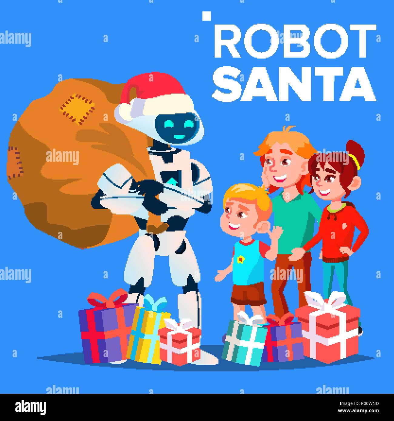 Robot In Santa Claus Hat And Gifts With Children Vector. Isolated ...
