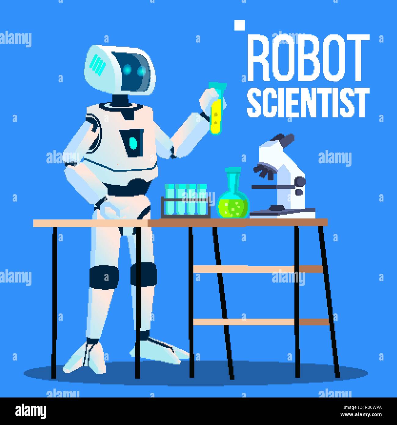 Robot Scientist Laboratory Chemist Standing With Flasks Vector ...