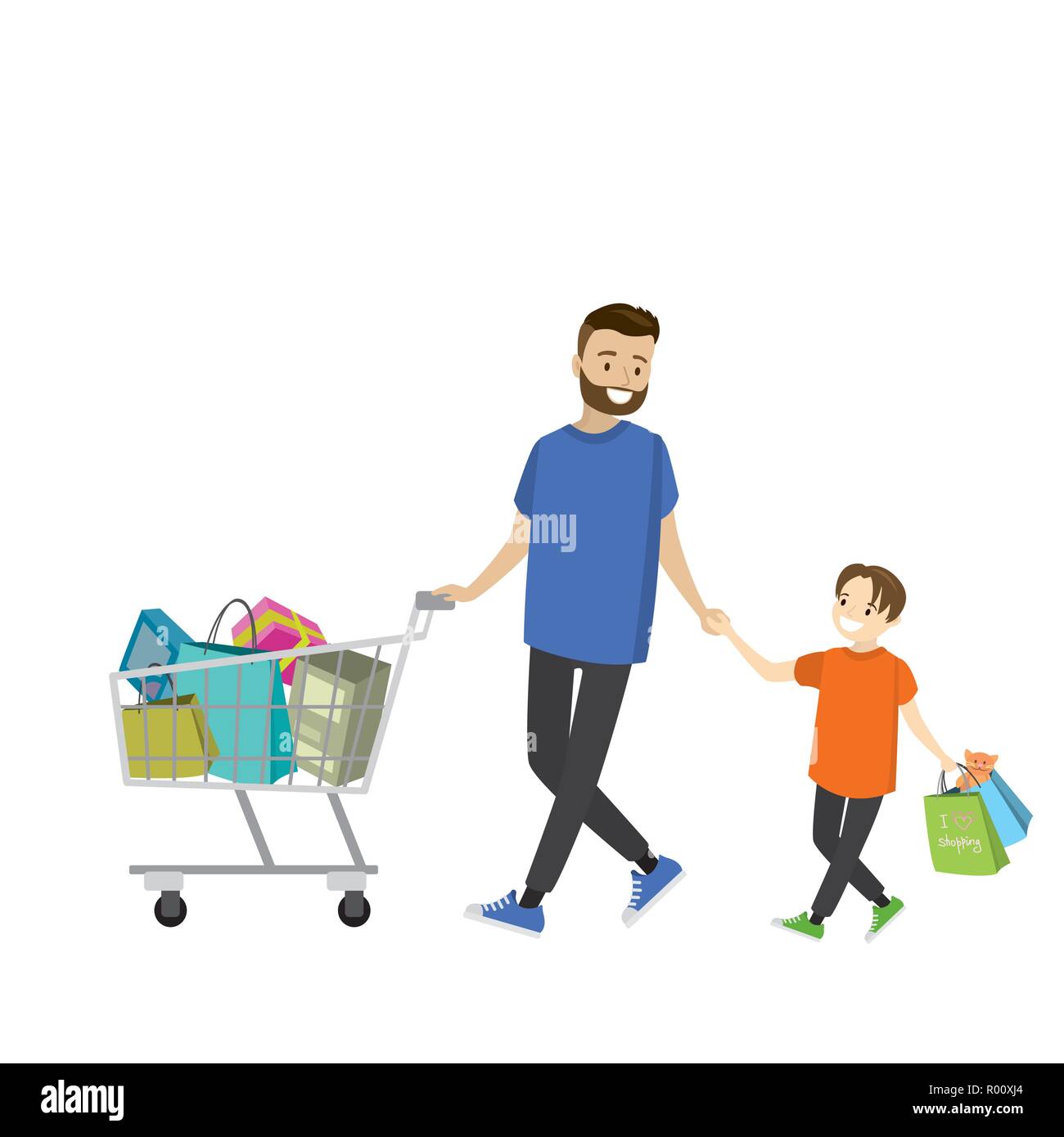 Father and son with shopping bags. Big discount in store. Flat design ...
