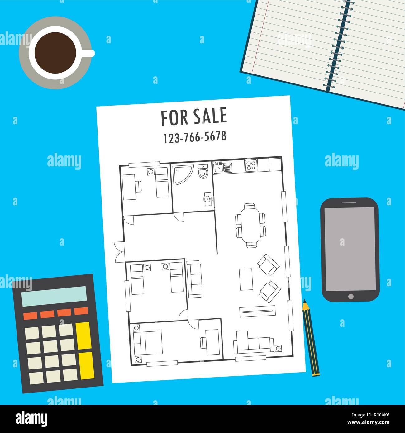 Floor plan on paper and other objects.Flat and line cartoon vector ...