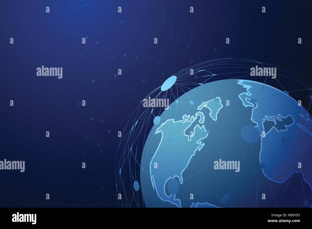 Abstract dotted line mesh over global planet background with copy space ...