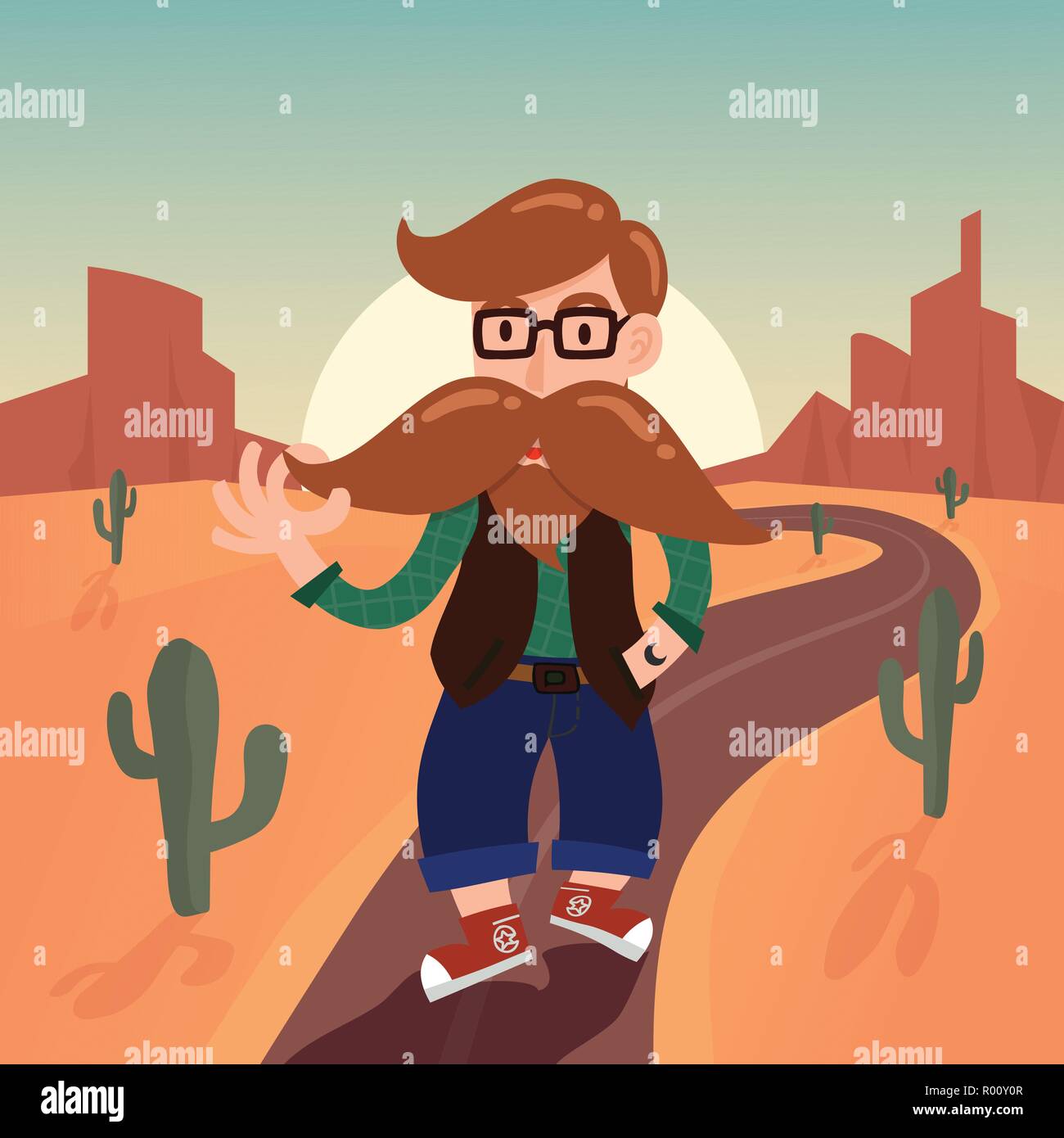 Cute gentleman hipster cartoon character with long mustache walking on ...