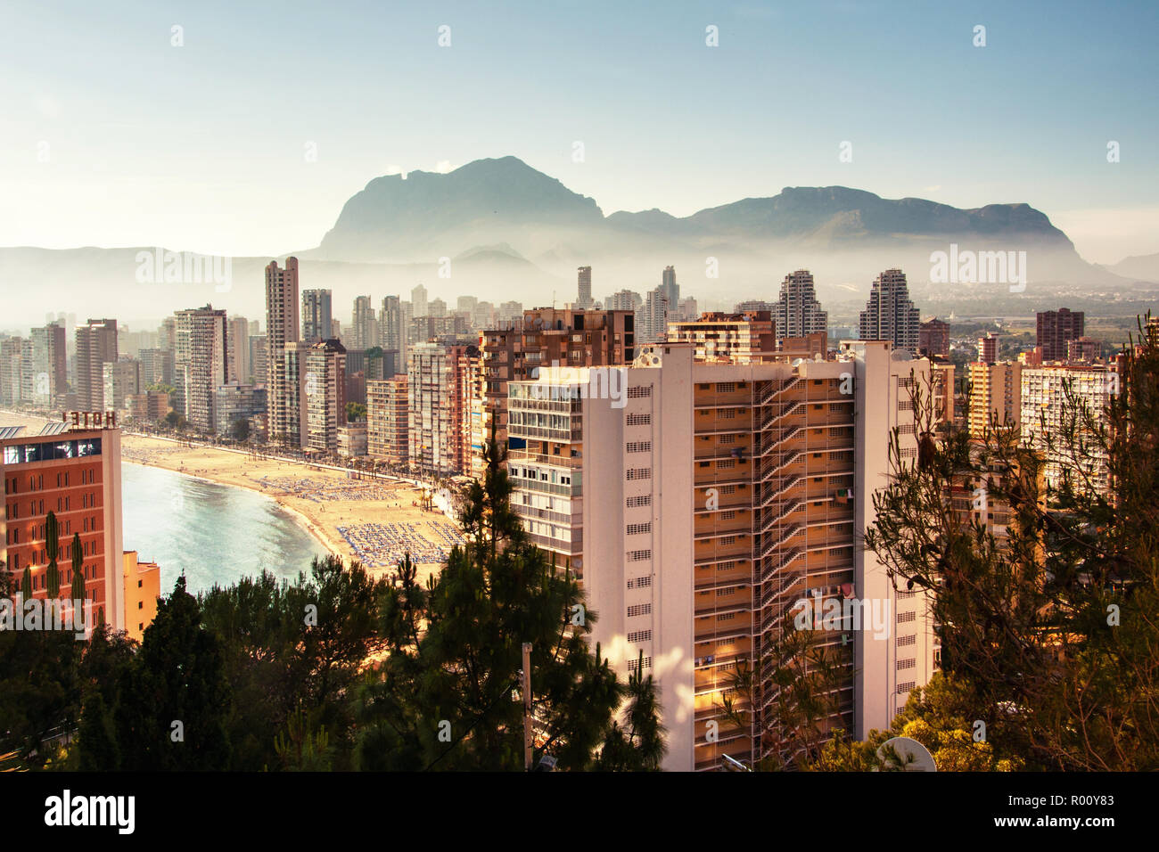 Aerial View from mountain of the city of Benidorm, Spain taken in the ...