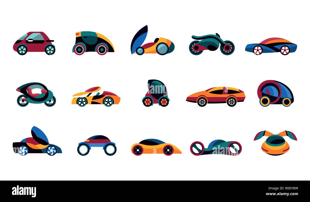 Digital vector future car concept simple icons set collection flat ...