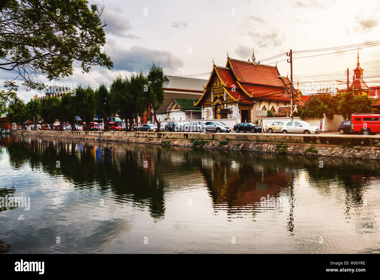 Chiang Mai, Thailand in the evening. Lively street in popular touristic ...