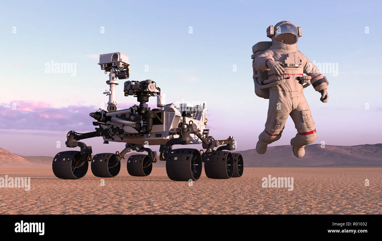 Astronaut with mars rover, cosmonaut floating next to robotic space ...