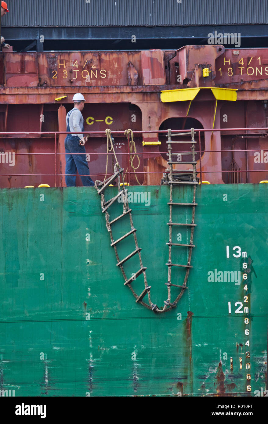 Worker on container ship and ship's draft, the vertical distance ...