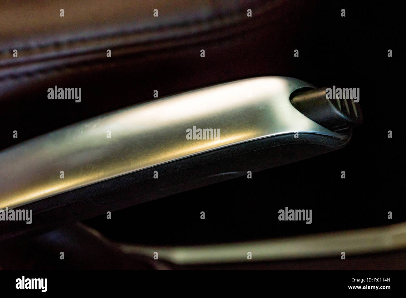 Manual brake in interior of modern car close Stock Photo - Alamy