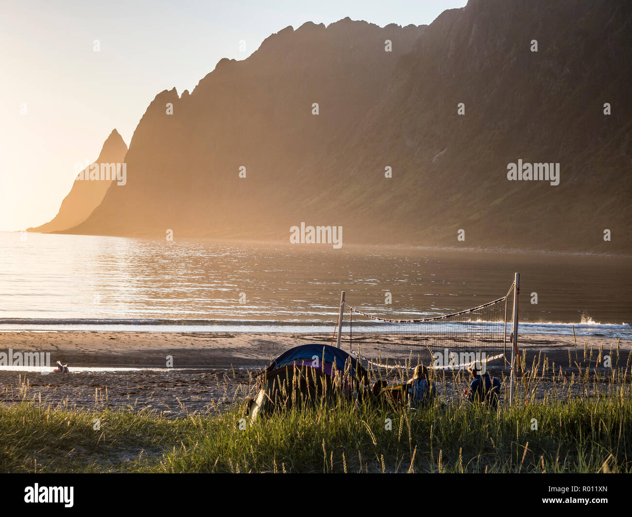 Beach Ersfjordstranden, fjord Ersfjord, public recreation area, sunset ...