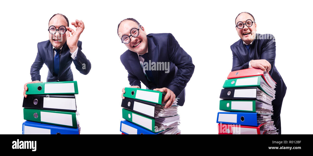 Funny man with lots of folders on white Stock Photo - Alamy