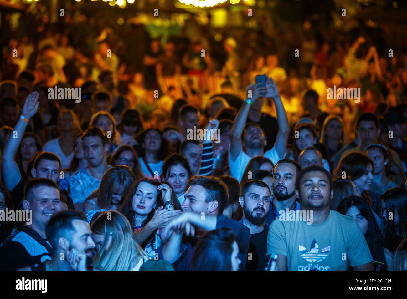 KIEV-11 JULY,2018: Group of hip hop music fans partying on summer music ...
