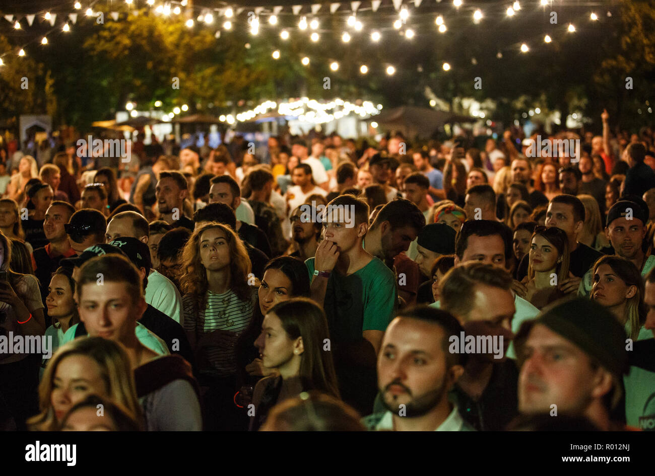 KIEV-11 JULY,2018: Big crowd of young students partying on summer event ...