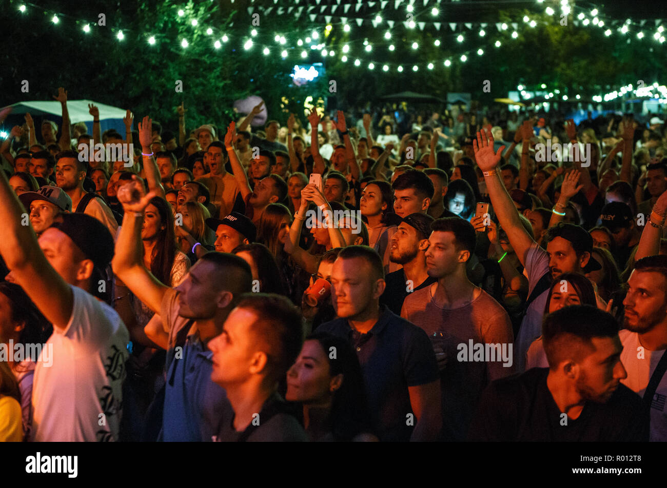 KIEV-11 JULY,2018: Group of happy music fans partying on hip hop ...