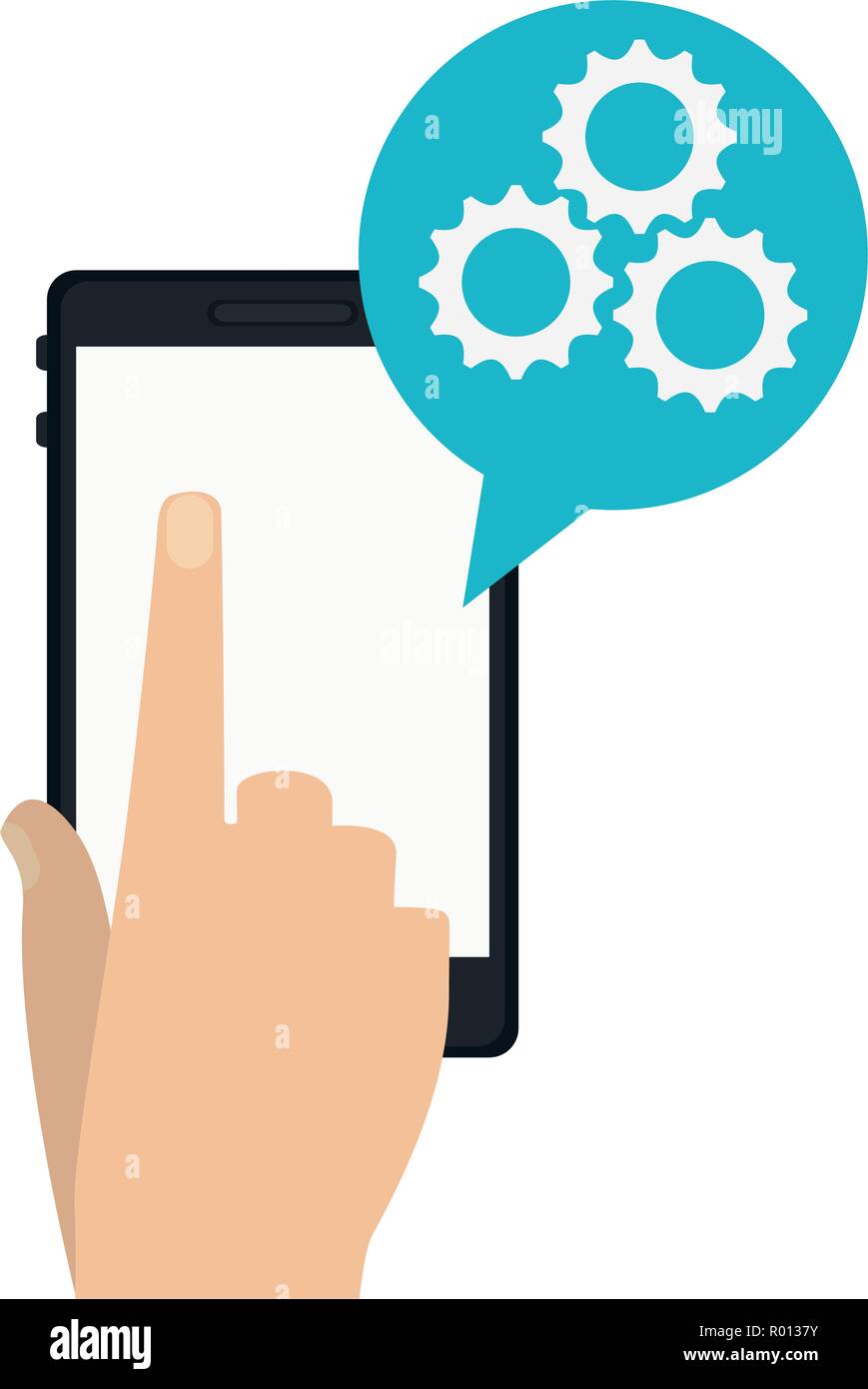 Hand pointing smartphone screen with gears vector illustration graphic ...