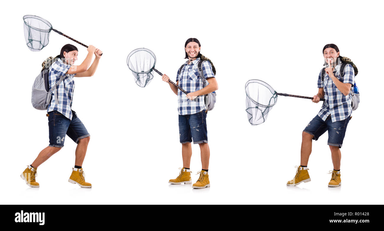 Man with catching net isolated on white Stock Photo - Alamy